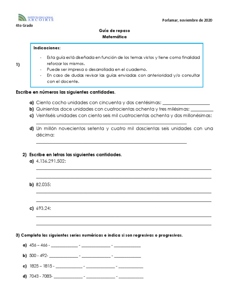 4to Grado. Guía de Repaso de Matemática | PDF | Matemáticas | Notación