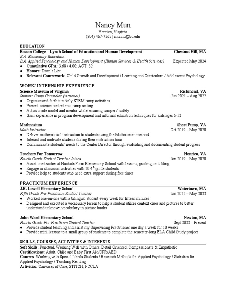 Nancy Mun Resume | Download Free PDF | Teachers | Applied Psychology