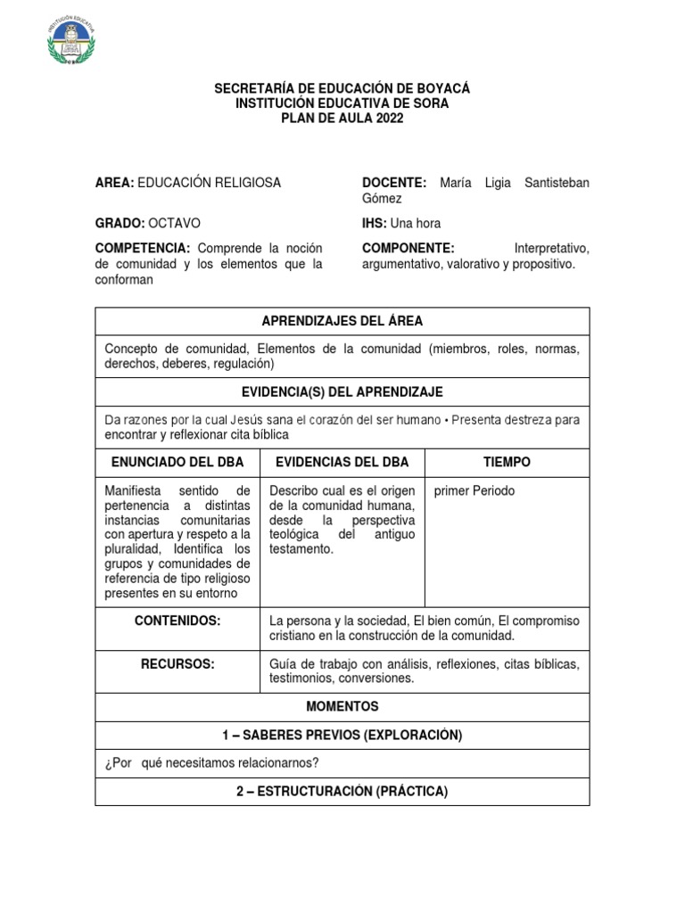 Planes de Aula Religion y Grado Octavo | PDF | Salón de clases | Cognición