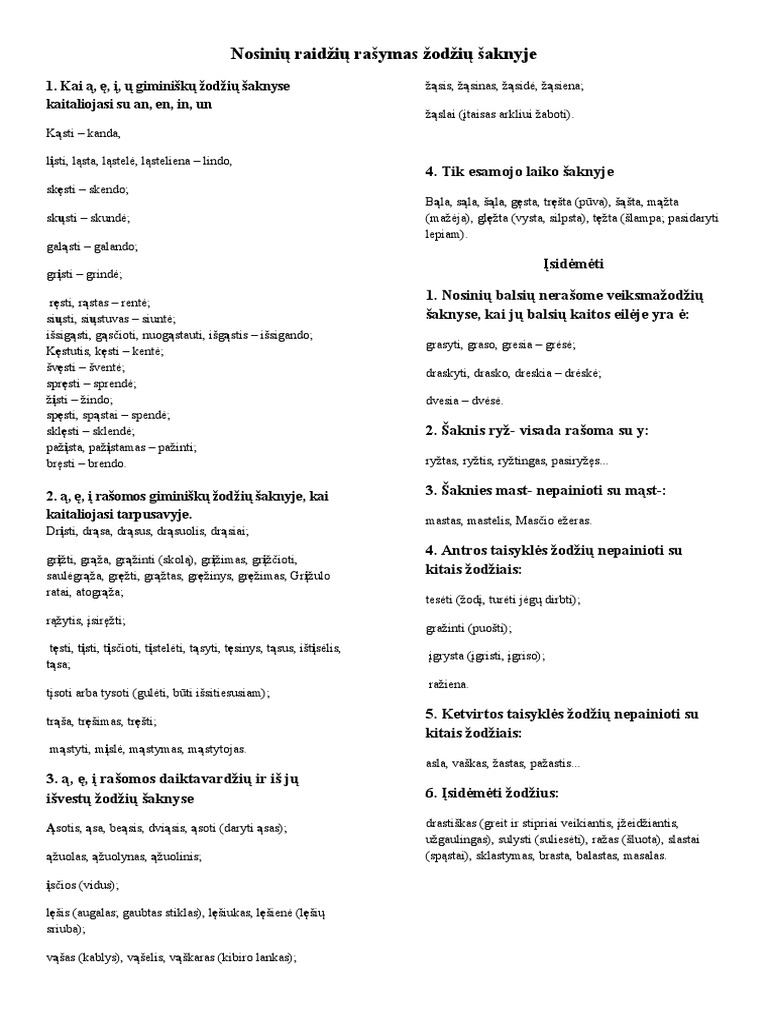 Nosiniu Raidziu Rasymas Zodziu Saknyje - Taisykles - Pask. | PDF