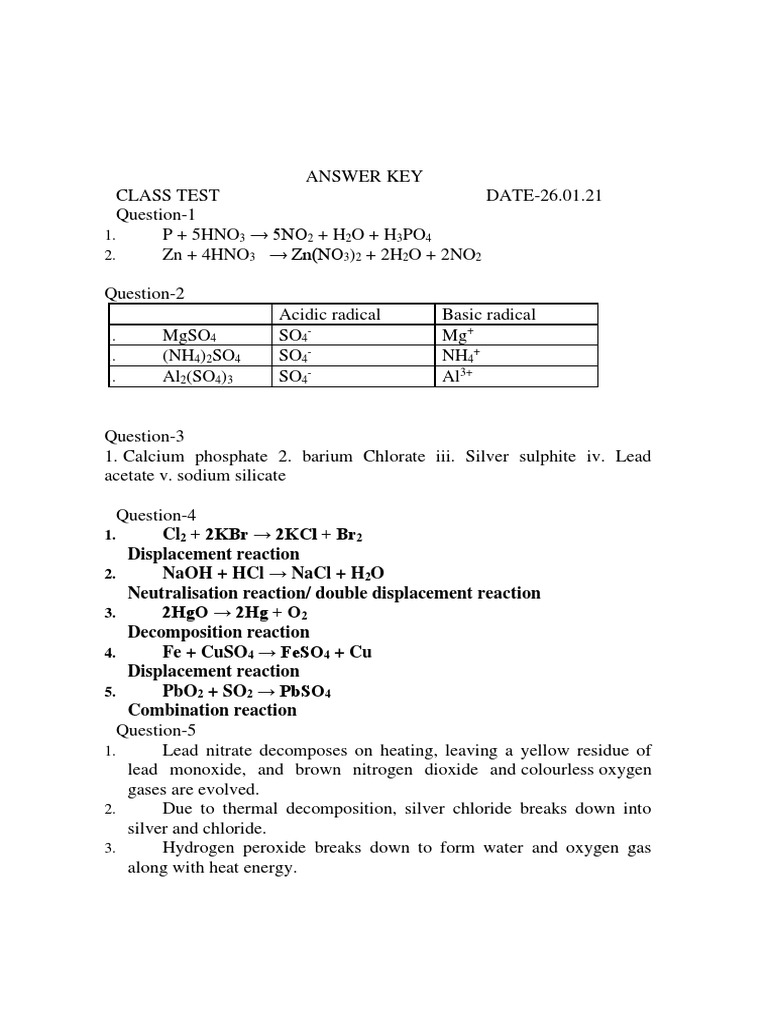 Class Test Answer Key - Chemistry | PDF