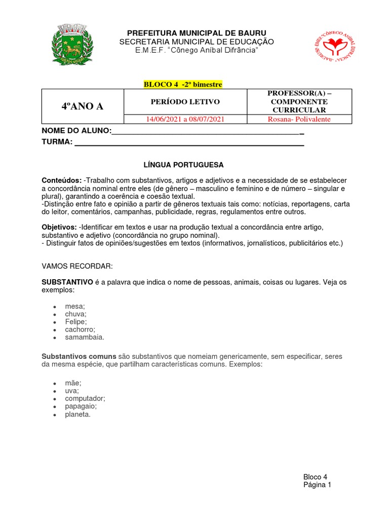 2º Bimestre - Bloco 4 - 14-06-2021 A 08-07-2021 - 4º Ano A | PDF ...