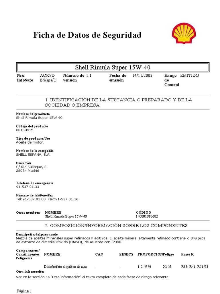 Hoja de Seguridad Shell Rimula 15W-40 | PDF | Agua | Toxicidad