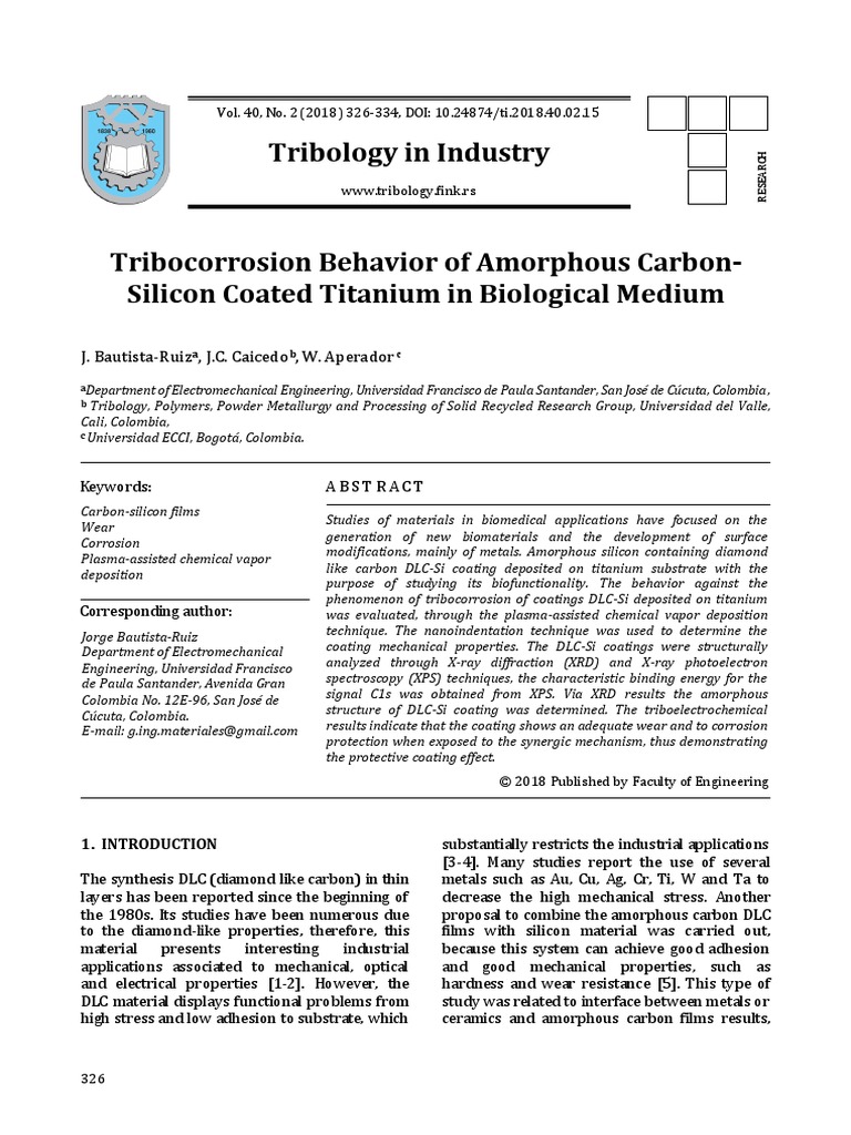 2018 - Aperador.W - Tribocorrosion Behavior of Amorrphous Carbon | PDF | Corrosion | Friction