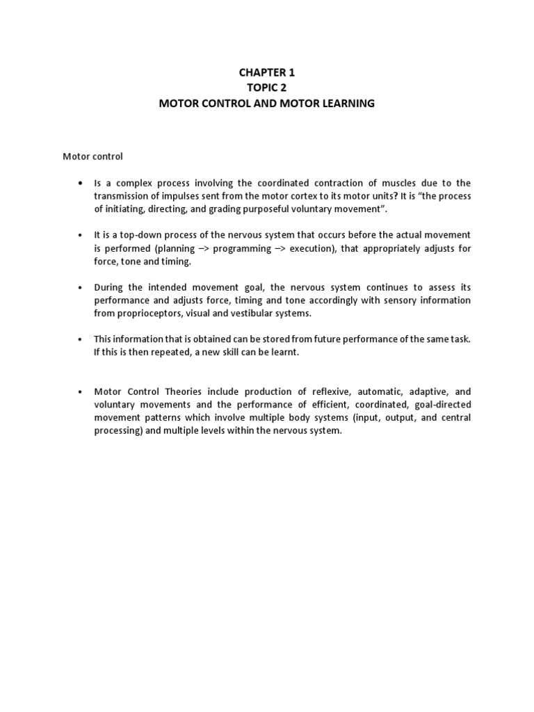CHAPTER 1 TOPIC 2 Motor Control and Motor Learning | PDF | Learning ...