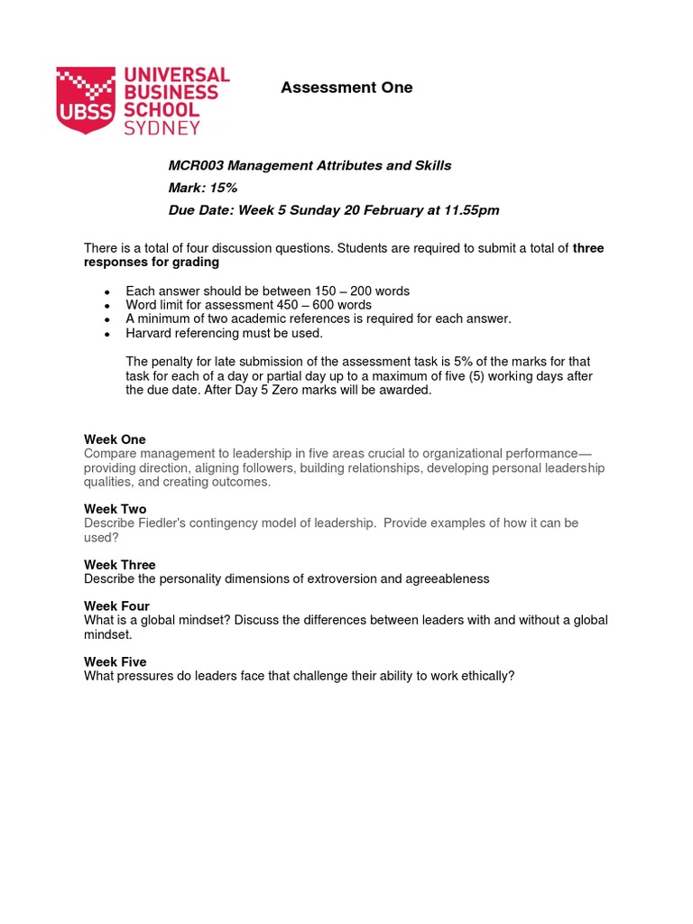 MCR003 A - B Assessment One 22T1 | PDF | Leadership | Understanding