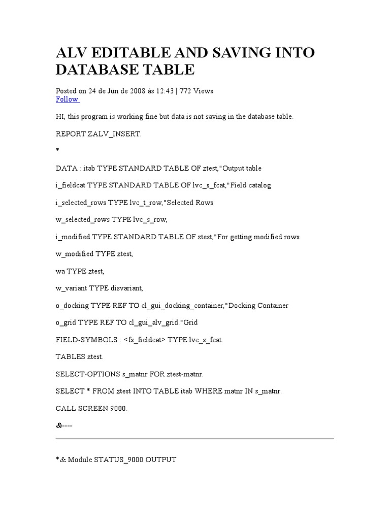 Alv Editable and Saving Into Database Table | PDF | Database Index | Information Technology ...