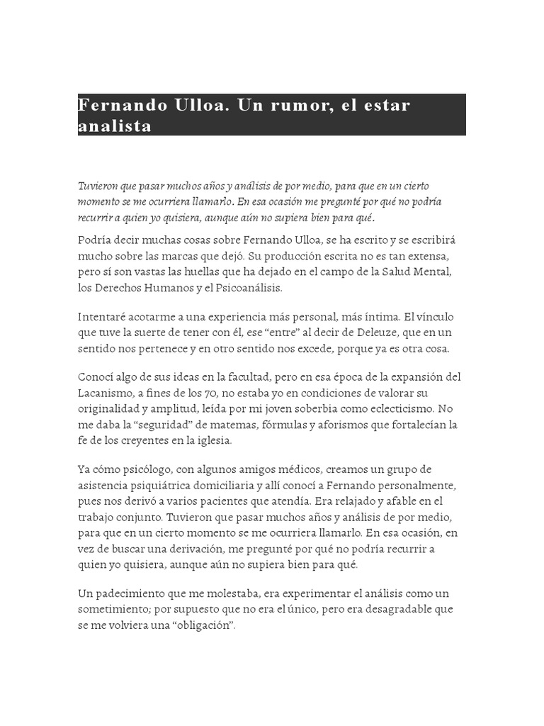 Reflexiones sobre Fernando Ulloa | PDF | Psicoanálisis | Jacques Lacan