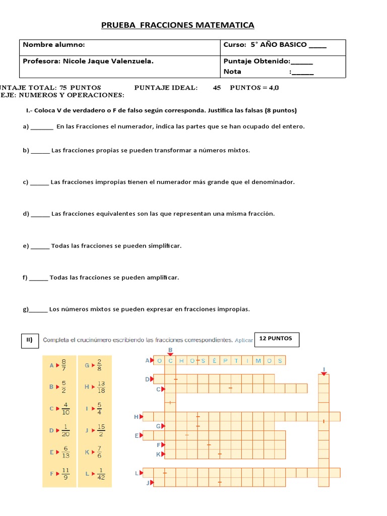 Prueba de Fracciones para 5° Básico | PDF