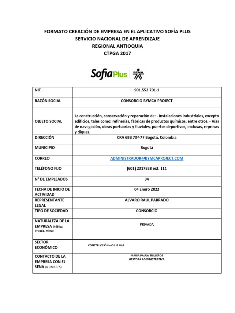 Formato Creación de Empresa Aplicativo SOFIA PLUS | PDF