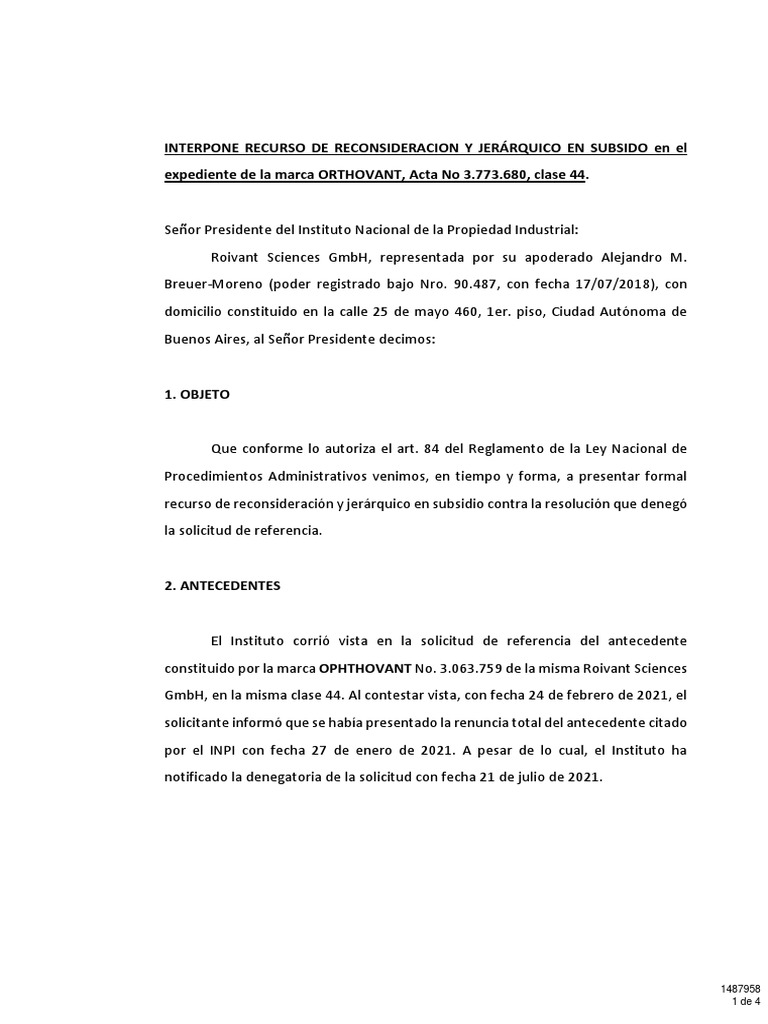 Escrito de Recurso de Reconcideracion de Marca Alejandro G. Breuer | PDF | Verdad