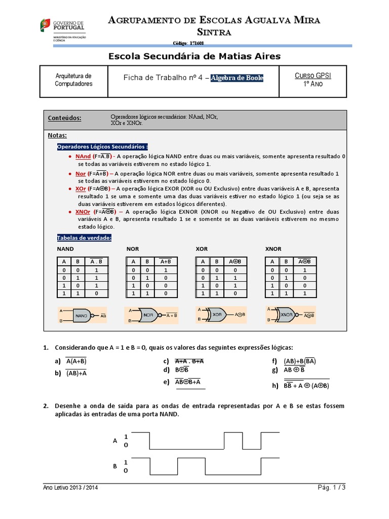 Ficha 4 - Álgebra de Boole | PDF | Álgebra booleana | Ensino de Matemática