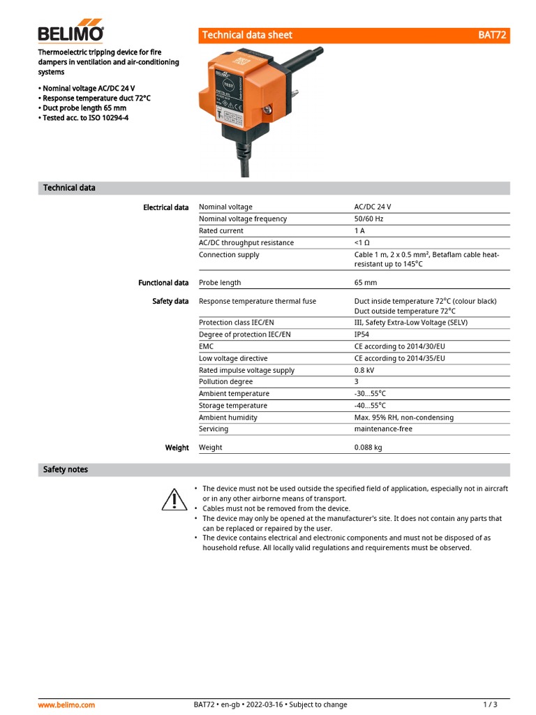 Belimo BAT72 Datasheet En-Gb | PDF | Fuse (Electrical) | Duct (Flow)