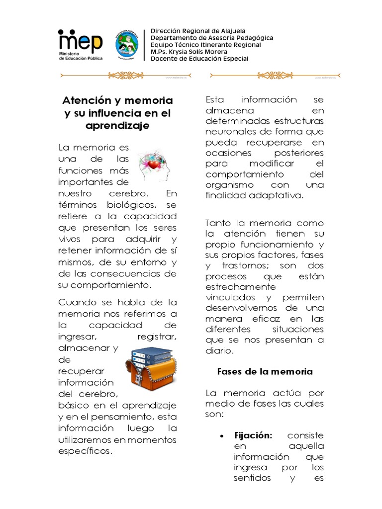 Atención y Memoria y Su Influencia en La Lectoescritura | PDF | Memoria ...