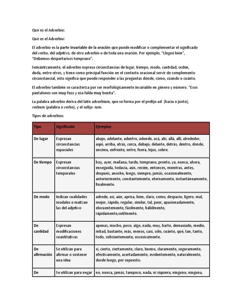 Definición y Tipos de Adverbios | PDF | Adverbio | Unidades Semánticas