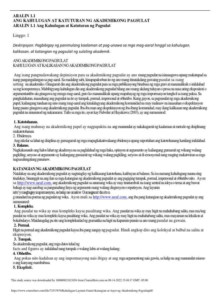 Kahulugan Layunin Gamit Katangian at Anyo NG Akademikong Pagsulat PDF | PDF
