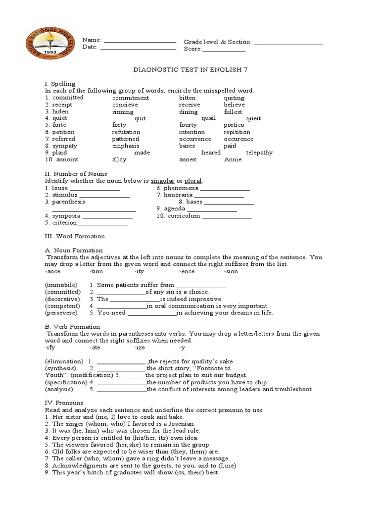 Diagnostic Test in Eng 7 | PDF | Noun | English Language