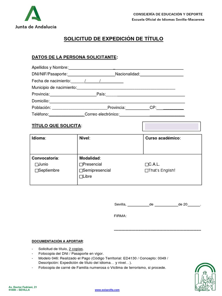 Solicitud - Expedición - de - Títulos - EOI - Sevilla - DEFINITIVO RELLENABLE | PDF | Control de ...