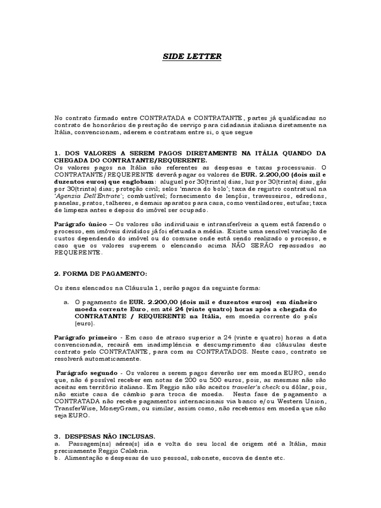 Side Letter Detalhando Pagamentos e Condições do Imóvel para Processo ...