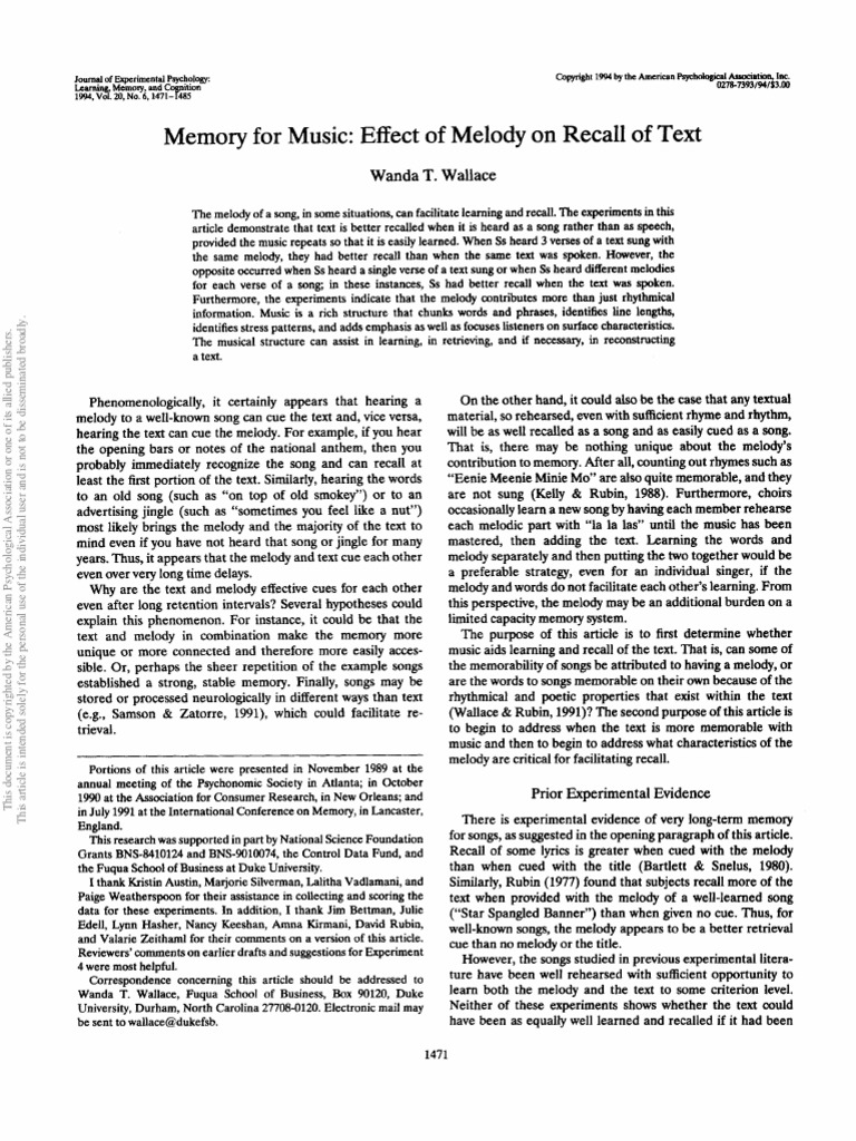 Music Memory | PDF | Recall (Memory) | Memory