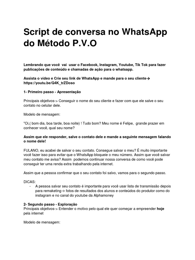 Script Do Método P.V.O de Vendas | PDF | Dinheiro | YouTube