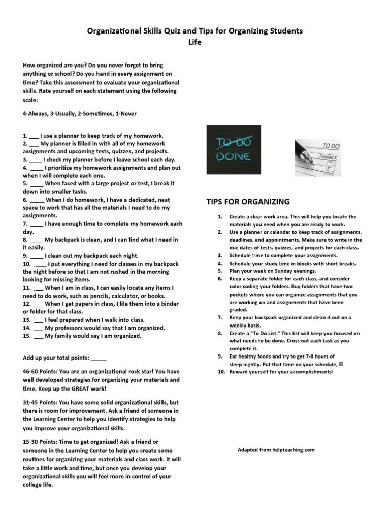 Organizational Skills Assessment Quiz | PDF | Quiz | Homework