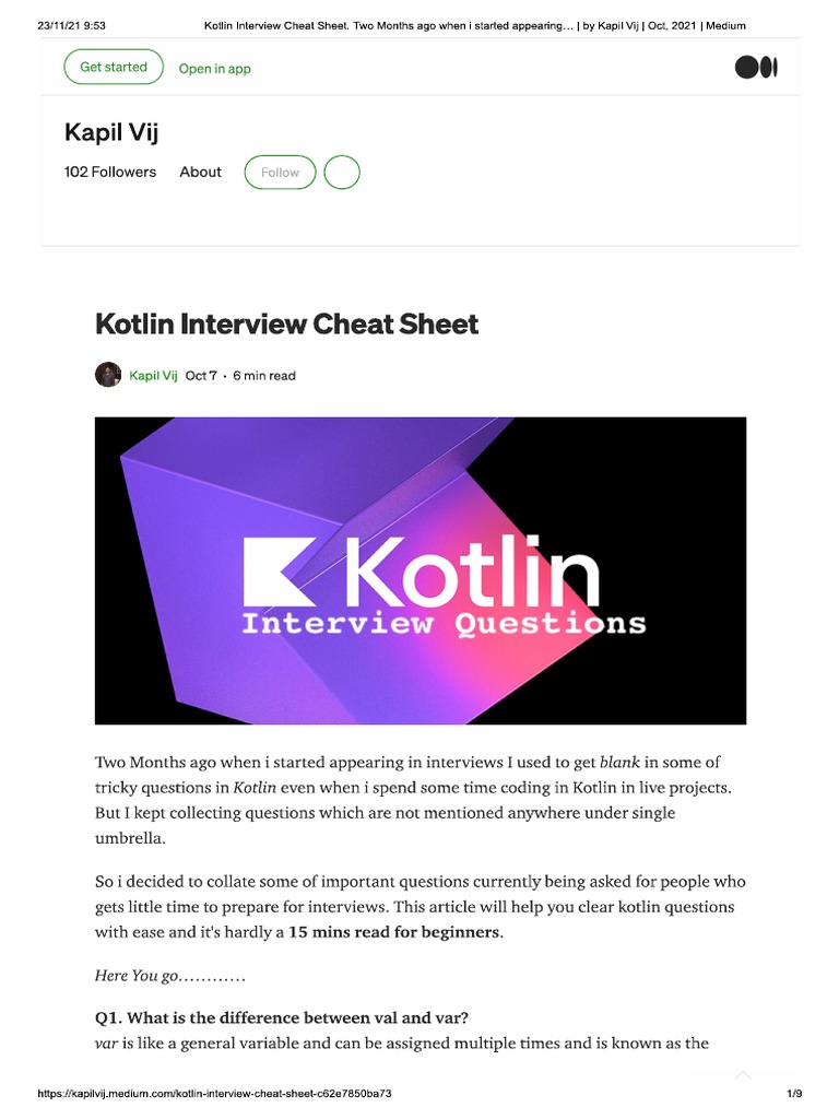 Kotlin Interview Cheat Sheet Pdf
