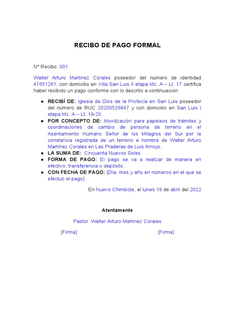 Modelo de Recibo de Pago Formal | PDF