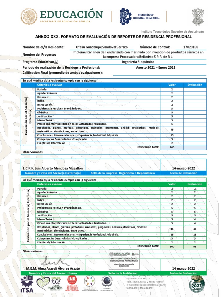 Anexo XXX Evaluación de Reporte de Residencias (Ofelia) | PDF | Evaluación | Business