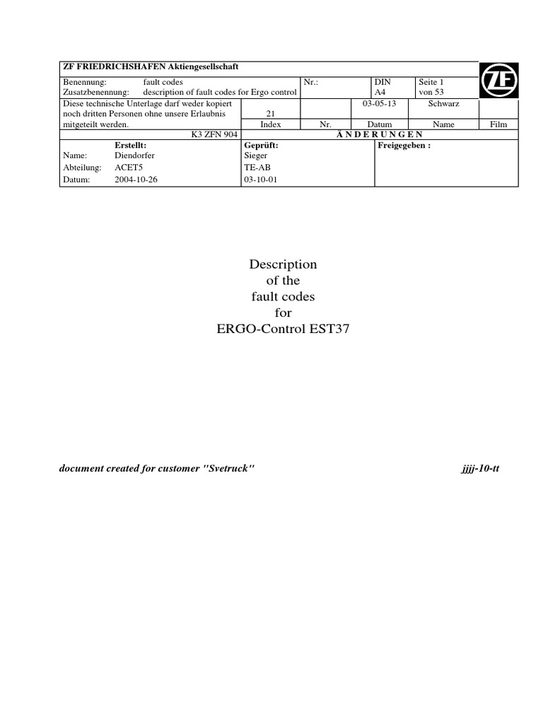 ZF - Description of The Fault Codes | PDF | Equipment | Manufactured Goods