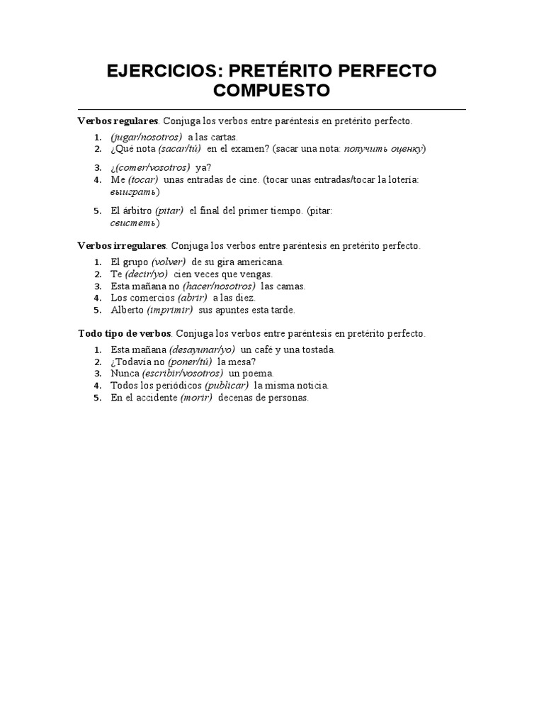 Ejercicios de Pretérito Perfecto Compuesto | PDF | Artes del Lenguaje y ...