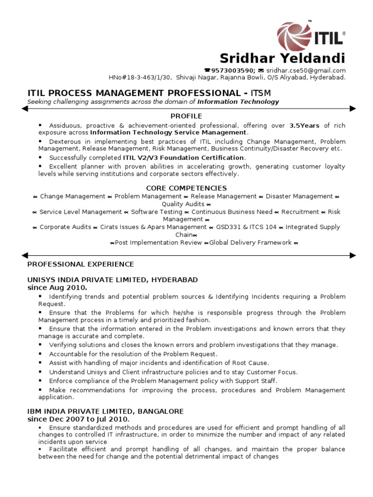 ITSM Professional Sridhar Resume | Itil | Information Technology