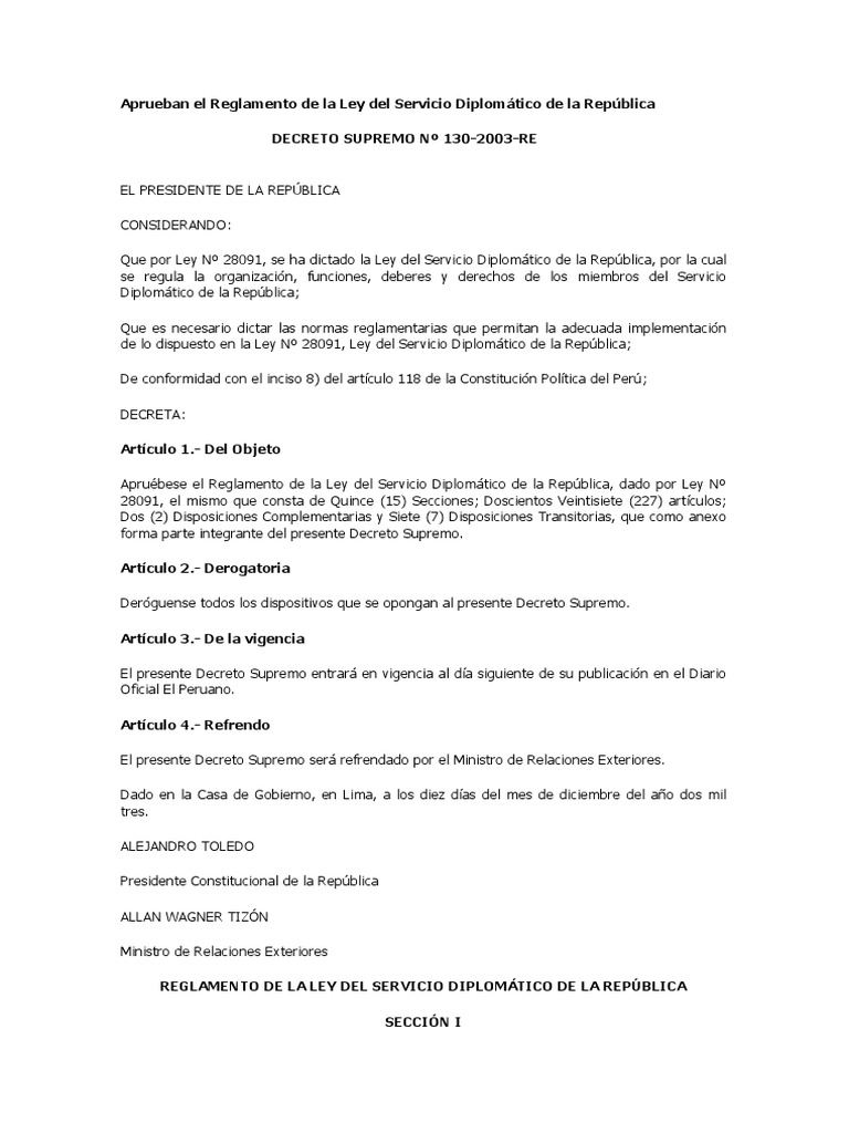 DS N°130 - Reglamento de La Ley de Servicio Diplomático de La República ...