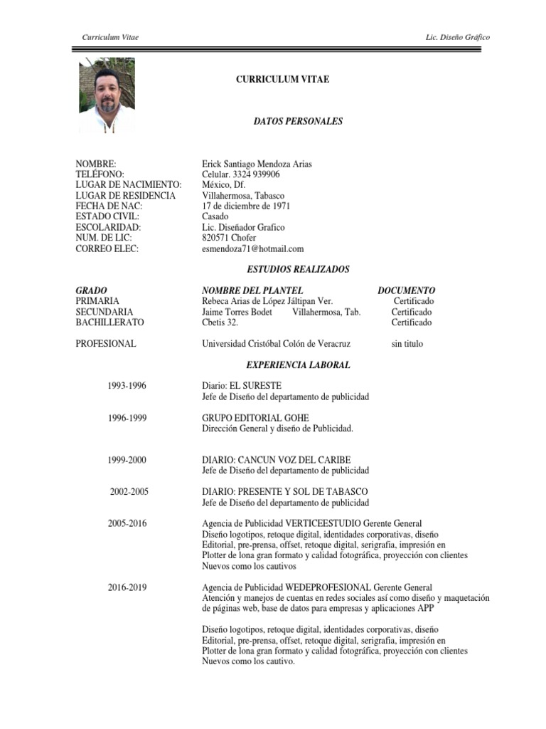 Curriculum Vitae Erick 2019 | PDF | Diseño gráfico | Procesos industriales