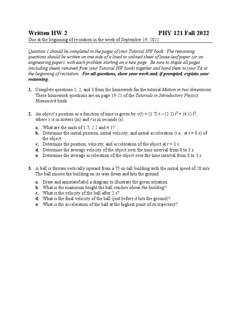 Physics Homework for PHY 121 Students | PDF