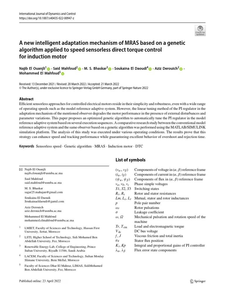 A New Intelligent Adaptation Mechanism of MRAS Based On A Genetic Algorithm Applied To Speed ...