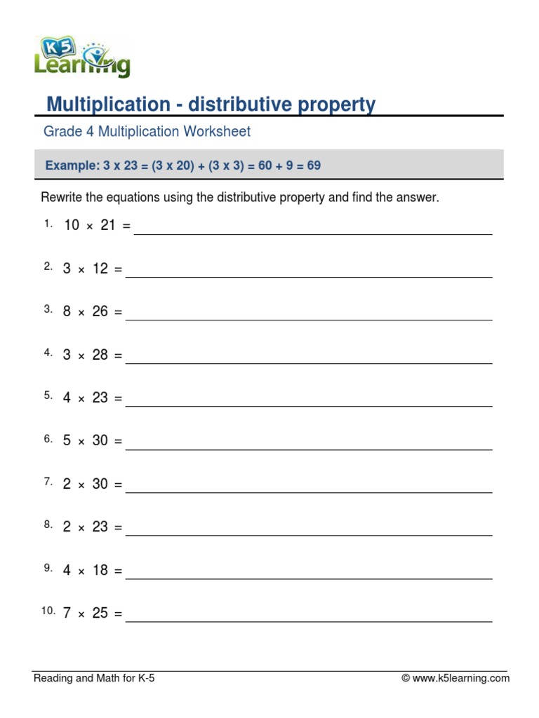 Grade 4 Distributive Property Worksheet | PDF