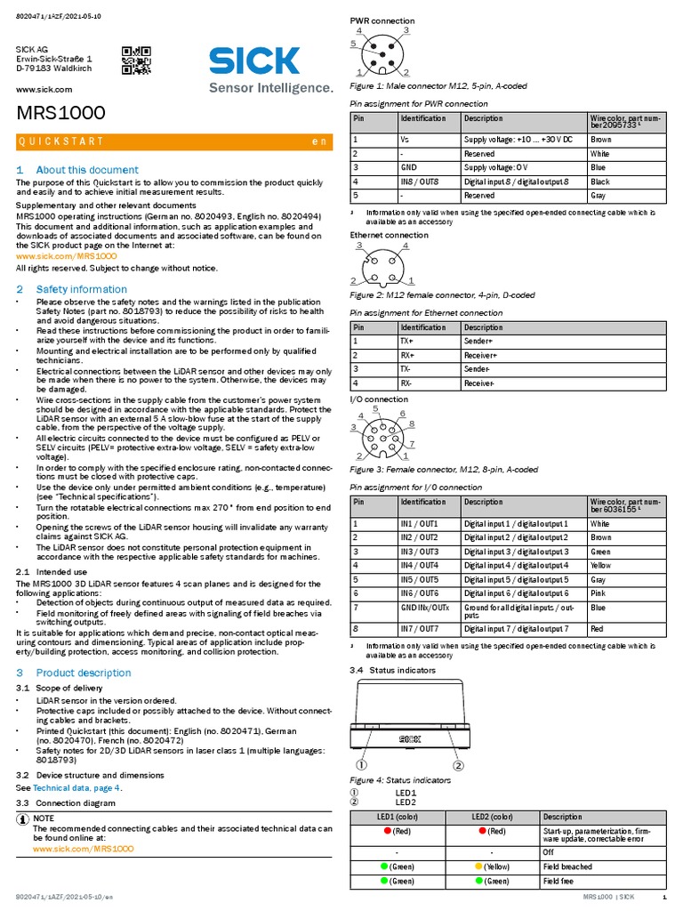 MRS1000 3D LiDAR Sensor Quickstart Guide | PDF | Electrical Connector | Input/Output