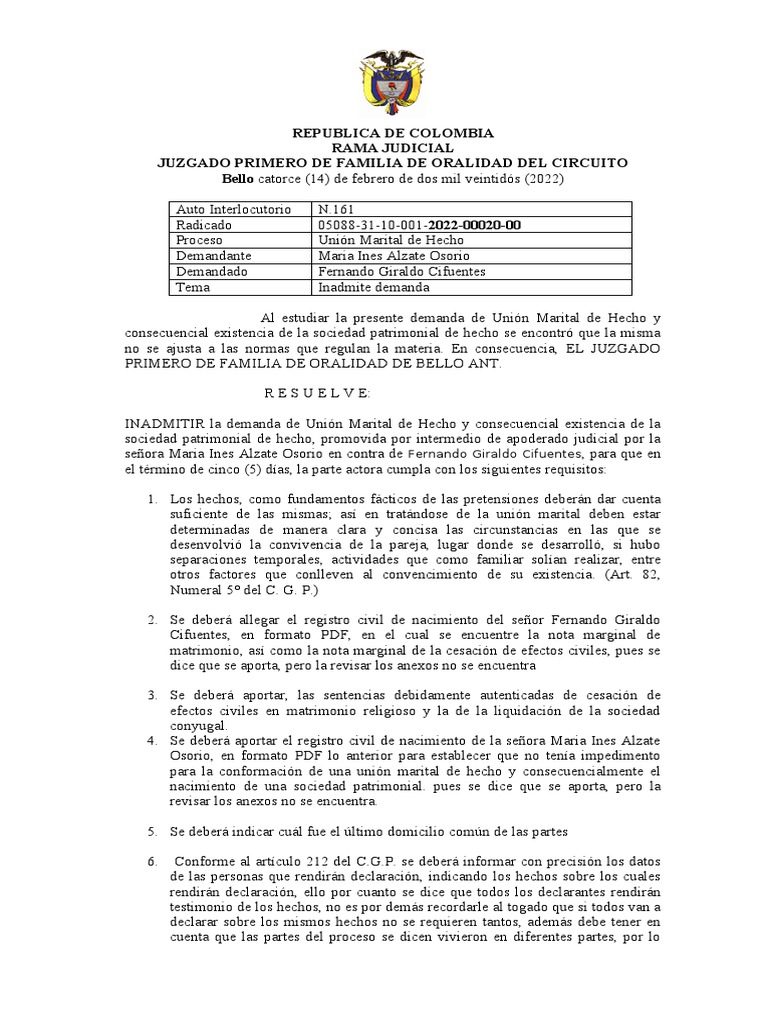 2022-00020 INADMITE UNION MARITAL D EHECHO Sin Reconocimiento de ...