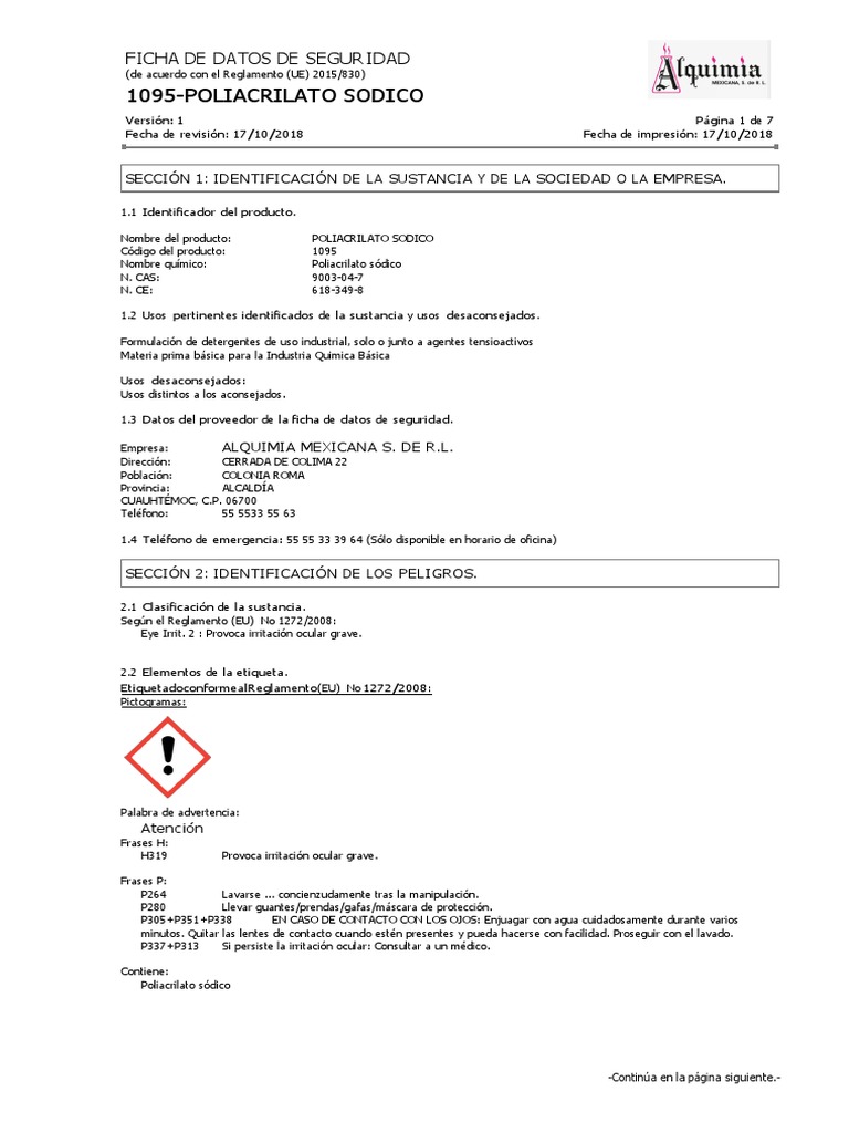 Ficha de Seguridad: Poliacrilato Sódico | PDF | Agua | Química