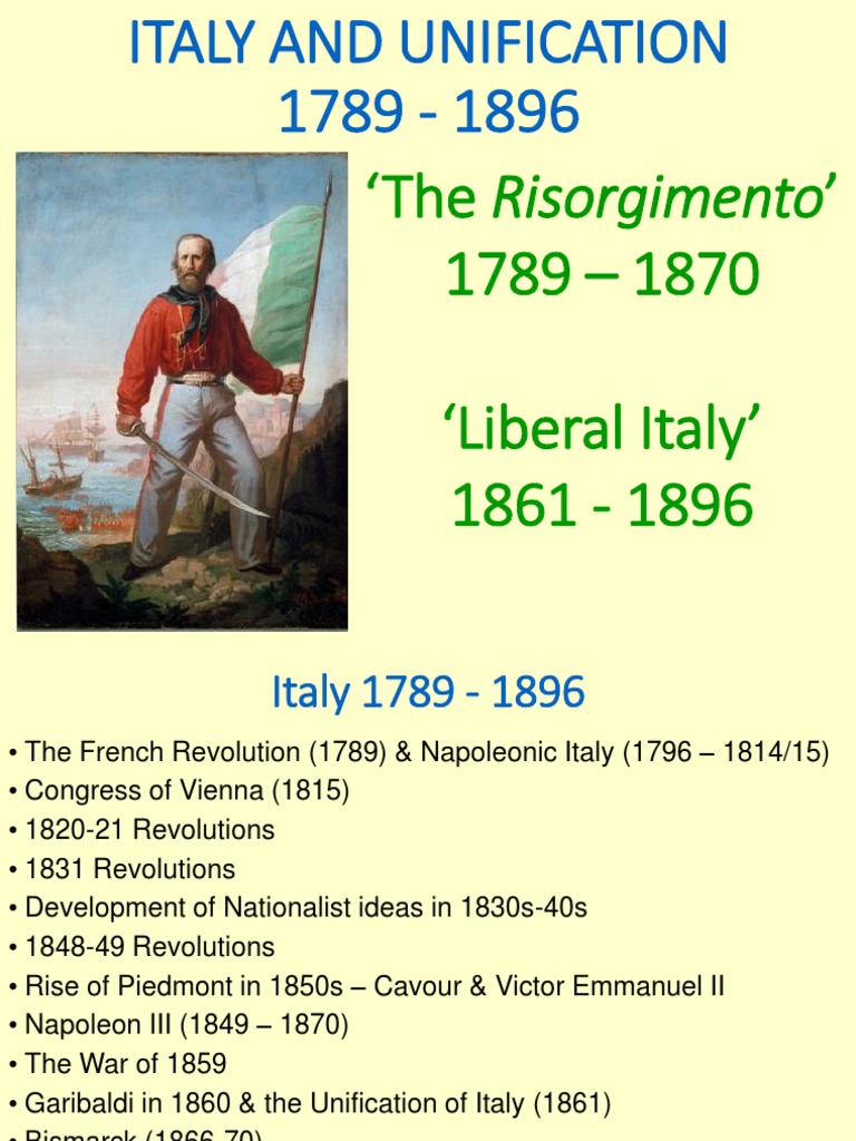 A Level History SUMMARY OF ITALIAN UNIFICATION (1789 - 1896) Revision ...