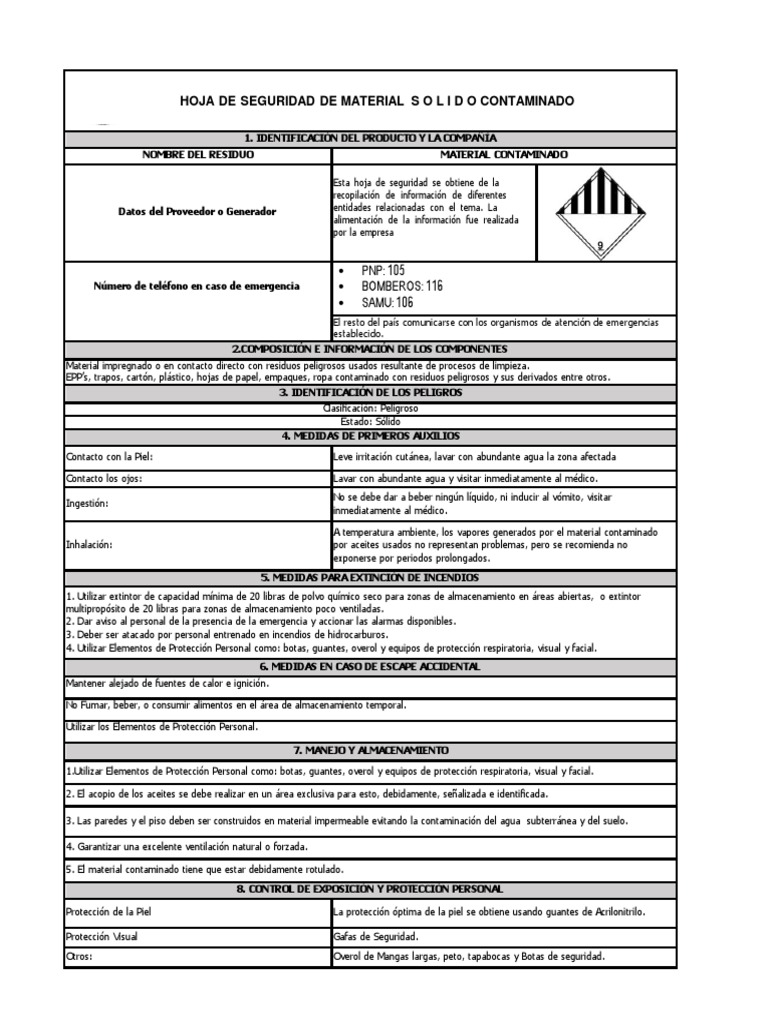 Hoja de Seguridad Material Contaminado | PDF | Contaminación | Agua
