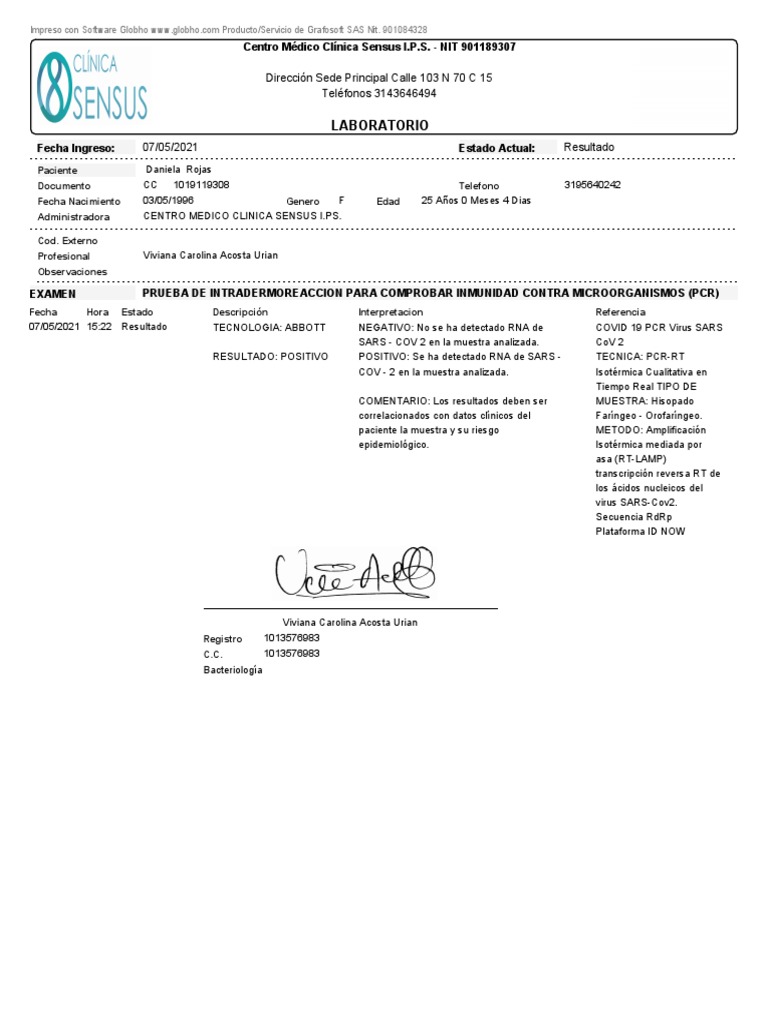 Resultados de prueba PCR para detección de COVID-19 con resultado ...