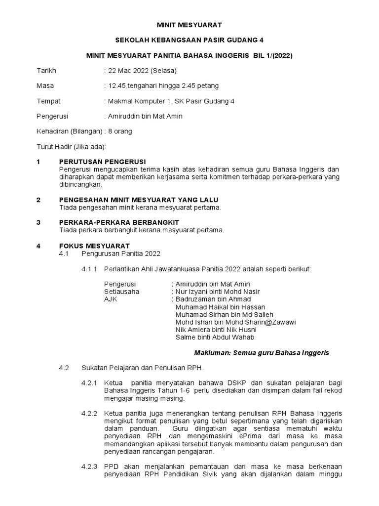 Minit Mesyuarat Panitia 1 (2022) | PDF