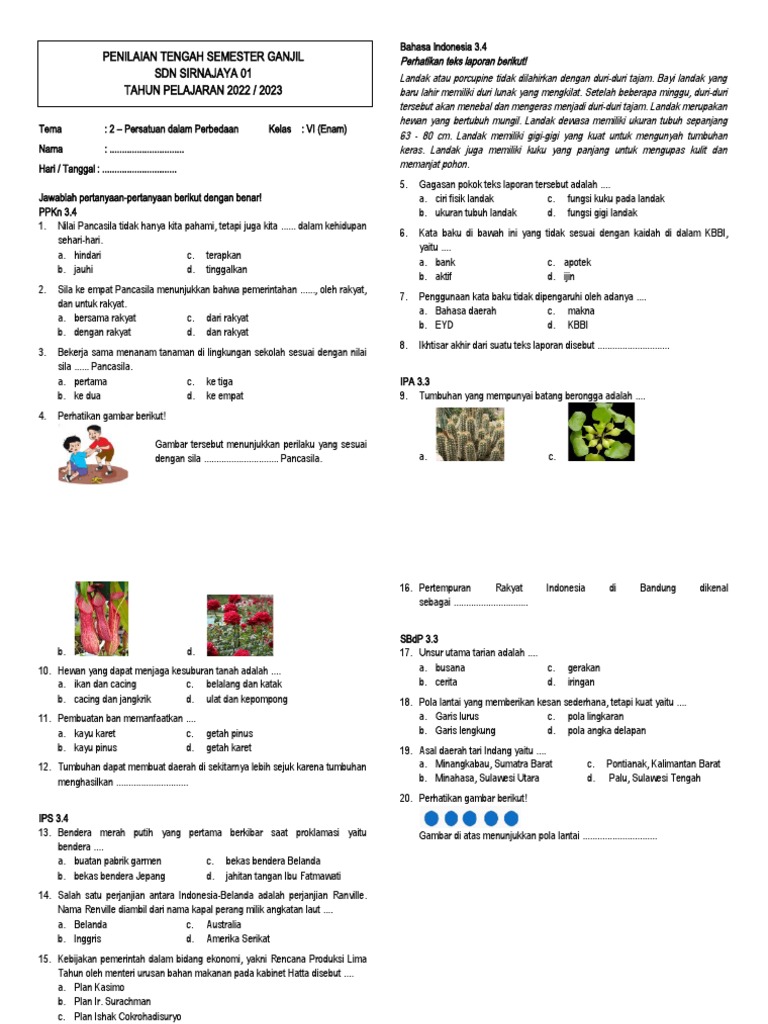 Soal Pts Ganjil Kelas 6 Tema 2 Ta. 2022-2023 | PDF