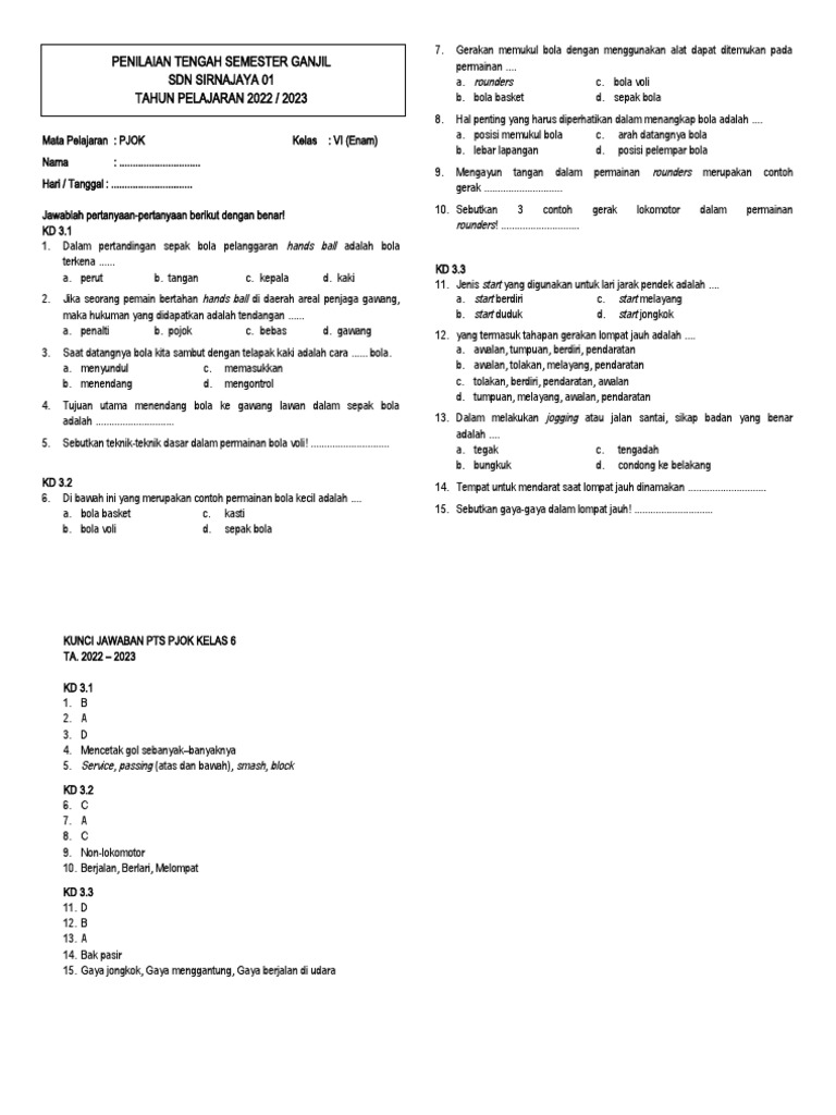 Soal Pts Ganjil Kelas 6 Pjok Ta. 2022-2023 | PDF