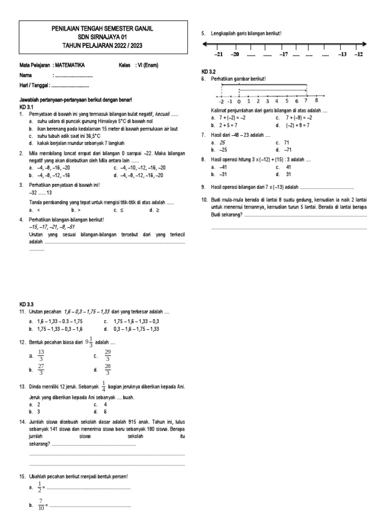 Soal Pts Ganjil Kelas 6 Matematika Ta. 2022-2023 | PDF