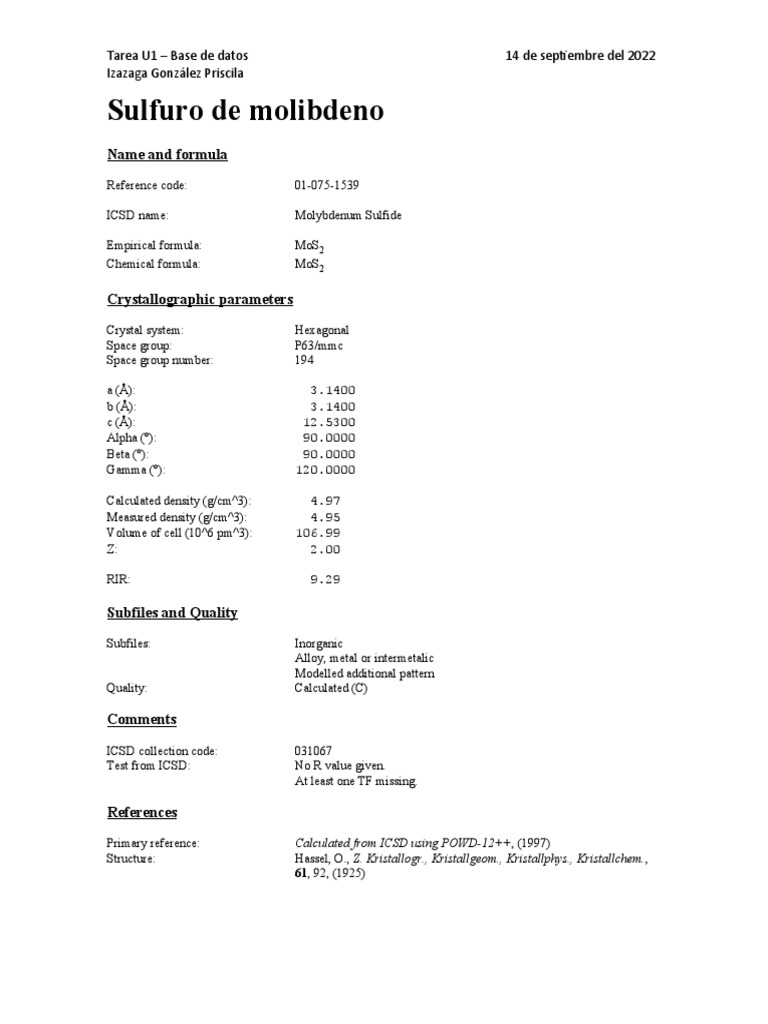 Crystallographic Data and X-Ray Diffraction Patterns of Molybdenum ...