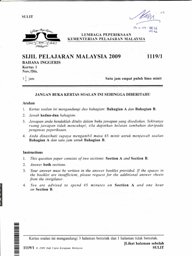 Soalan Spm 2009 Bi K1 Pdf Student Assessment And Evaluation