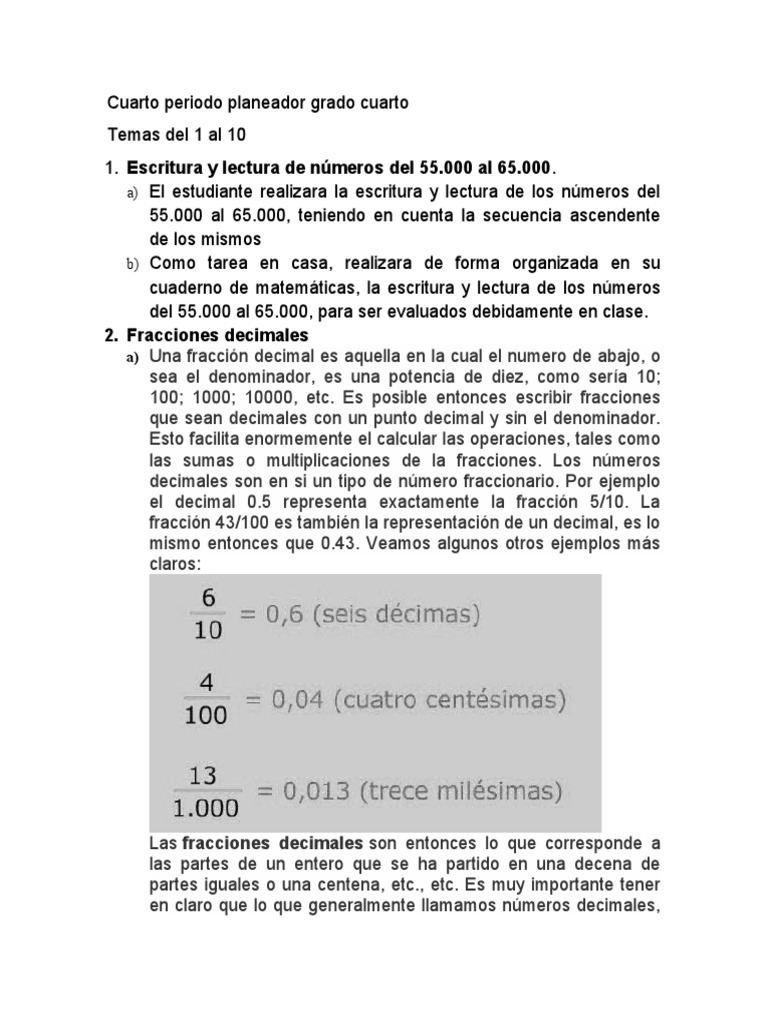 Planeador Matemáticas Cuarto Periodo | PDF | Decimal | Lexicología